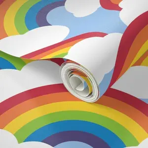 Spoonflower Large Circle Rainbow Blue Cloud Custom Removable Wallpaper - Orange,blue,pink