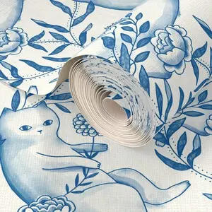 Spoonflower Toile Cats Custom Pre-pasted Wallpaper - Blue