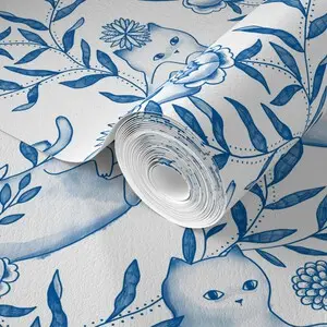 Spoonflower Toile Cats Custom Pre-pasted Wallpaper - Blue