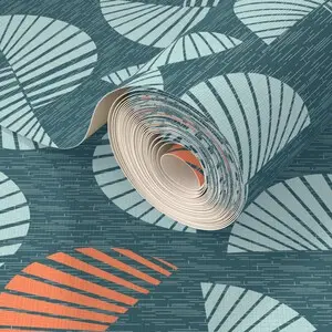 Spoonflower Blue Geometrical Retro Shapes 100% Natural Sisal Grasscloth Wallcovering - Blue,orange