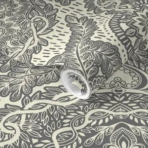 Spoonflower Cream Grey Plants Medallion Doodle Tangle Custom Removable Wallpaper - Gray