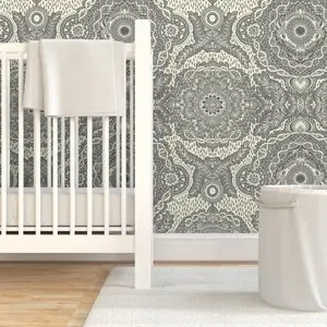 Spoonflower Cream Grey Plants Medallion Doodle Tangle Custom Removable Wallpaper