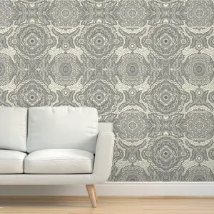 Spoonflower Cream Grey Plants Medallion Doodle Tangle Custom Removable Wallpaper