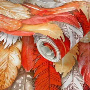 Spoonflower Red Fire Feathers Costume Tribal Painted Phoenix Custom Removable Wallpaper Orange,beige,red