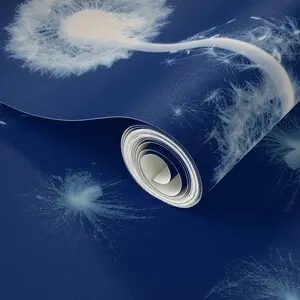 Spoonflower Flowers Plants Dandelion Cyanotype Milkweed Custom Pre-pasted Wallpaper - Blue