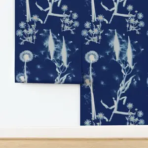 Spoonflower Flowers Plants Dandelion Cyanotype Milkweed Custom Pre-pasted Wallpaper