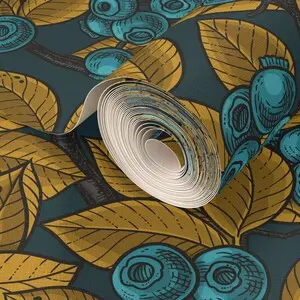 Spoonflower Blueberries Lagoon And Mustard 100% Natural Sisal Grasscloth Wallcovering - Blue