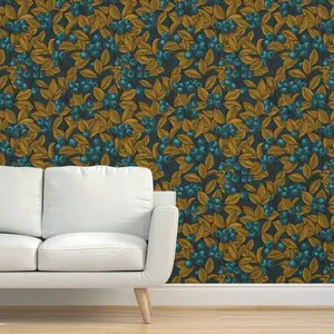 Spoonflower Blueberries Lagoon And Mustard 100% Natural Sisal Grasscloth Wallcovering