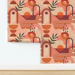 Spoonflower Pink Sunset Orange Modern Abstract Leaf Custom Pre-pasted Wallpaper