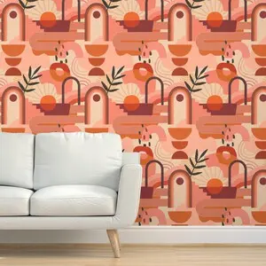Spoonflower Pink Sunset Orange Modern Abstract Leaf Custom Pre-pasted Wallpaper