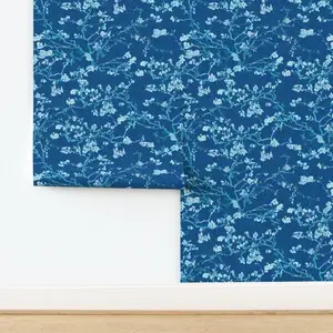 Spoonflower Impressionist Painting Art Garden Tree White Custom Pre-pasted Wallpaper - Blue