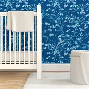 Spoonflower Impressionist Painting Art Garden Tree White Custom Pre-pasted Wallpaper - Blue