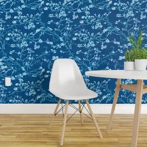 Spoonflower Impressionist Painting Art Garden Tree White Custom Pre-pasted Wallpaper - Blue