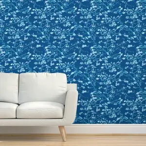 Spoonflower Impressionist Painting Art Garden Tree White Custom Pre-pasted Wallpaper - Blue