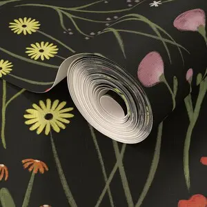 Spoonflower Meadow Flowers 100% Natural Sisal Grasscloth Wallcovering - Black