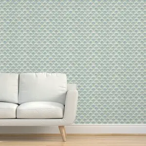 Spoonflower Blue Fans Block 100% Natural Sisal Grasscloth Wallcovering - Green