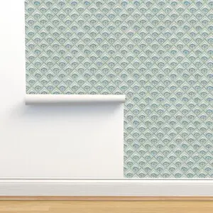 Spoonflower Blue Fans Block 100% Natural Sisal Grasscloth Wallcovering - Green