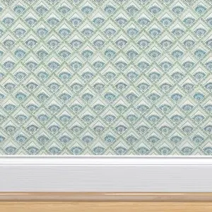 Spoonflower Blue Fans Block 100% Natural Sisal Grasscloth Wallcovering - Green