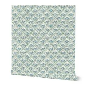 Spoonflower Blue Fans Block 100% Natural Sisal Grasscloth Wallcovering - Green