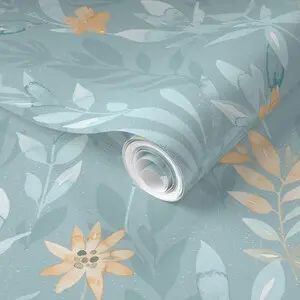 Spoonflower Blue Yellow Flowers Leaves Teal Gold Custom Pre-pasted Wallpaper - Blue,gray,beige
