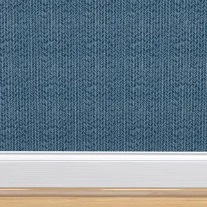 Spoonflower Blueberry Crazy Herringbone 100% Natural Sisal Grasscloth Wallcovering - Navy,blue
