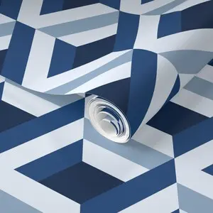 Spoonflower White Diamonds Stripe Blue Pattern Striped Lines Custom Pre-pasted Wallpaper - White,blue