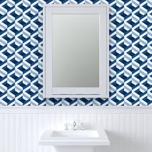 Spoonflower White Diamonds Stripe Blue Pattern Striped Lines Custom Pre-pasted Wallpaper