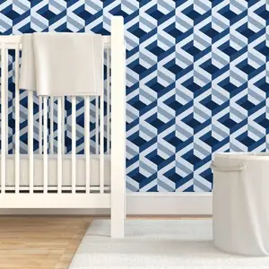 Spoonflower White Diamonds Stripe Blue Pattern Striped Lines Custom Pre-pasted Wallpaper