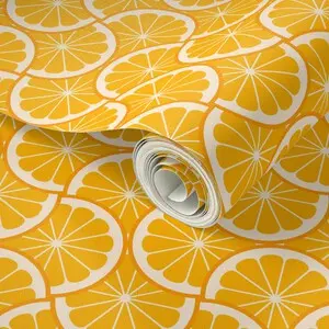 Spoonflower Orange Fruit Citrus Circle Food Scale Traditional Wallpaper - Yellow,beige,green