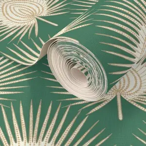 Spoonflower Fan Palms Green Boho Glam 1920s Bronze Color 100% Natural Sisal Grasscloth Wallcovering - Green,bronze