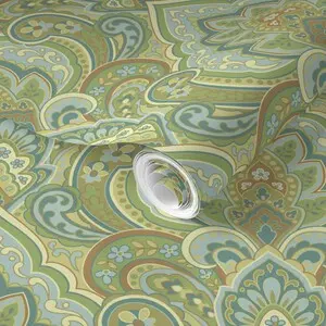 Spoonflower Paisley Damask Golden Grass Green Gold Yellow Custom Pre-pasted Wallpaper - Green,bronze,mint