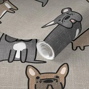 Spoonflower Modern Animal Dogs Fun Lines Neutral Beige Custom Pre-pasted Wallpaper - Beige,gray