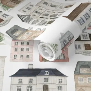 Spoonflower Houses Homes Home House France French Paris Custom Pre-pasted Wallpaper - White,brown,gray