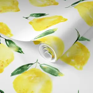 Spoonflower Lemon Fruit Citrus Yellow Kitchen Watercolor Custom Removable Wallpaper - White,green,yellow