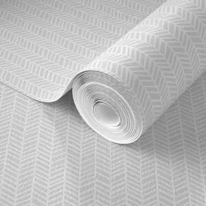Spoonflower Small Scale Chevron Herringbone Light Grey White 100% Natural Sisal Grasscloth Wallcovering - Gray,white