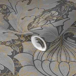 Spoonflower Damask Grey Garden Floral Art Nouveau Victorian Traditional Wallpaper - Gray