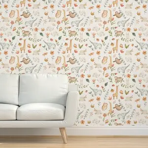 Spoonflower Watercolor Animals Nursery Pattern 100% Natural Sisal Grasscloth Wallcovering
