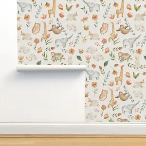 Spoonflower Watercolor Animals Nursery Pattern 100% Natural Sisal Grasscloth Wallcovering