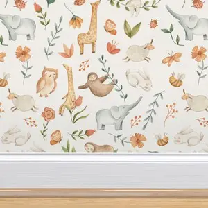 Spoonflower Watercolor Animals Nursery Pattern 100% Natural Sisal Grasscloth Wallcovering