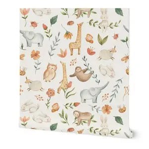 Spoonflower Watercolor Animals Nursery Pattern 100% Natural Sisal Grasscloth Wallcovering