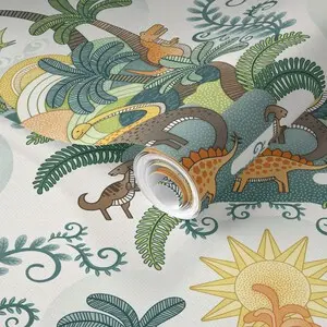 Spoonflower Happy Dinosaurs Damask Green Nature Science Traditional Wallpaper - Blue,green,gray