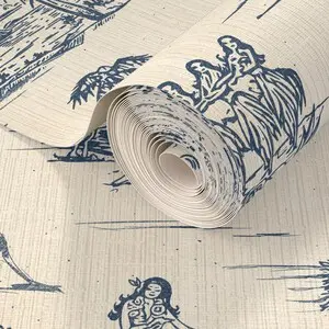 Spoonflower Vintage Hawaiian Paradise Blue On Off White 100% Natural Sisal Grasscloth Wallcovering Blue