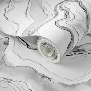 Spoonflower Marble Marbled Stone Texture Grey Marble Marbled Custom Pre-pasted Wallpaper - Gray,white,black
