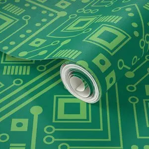 Spoonflower Robot Circuit Board Computer Electric Geek Traditional Wallpaper - Green