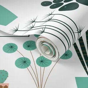 Spoonflower Green House Plants On White Custom Pre-pasted Wallpaper - Pink,green,gray