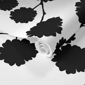 Spoonflower Black Flower Blossom White Floral Nature Traditional Wallpaper - Black,white,gray