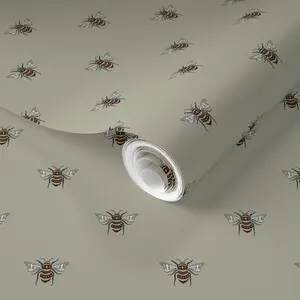 Spoonflower Sage Bees Bee Honey Muted Minimal Bumble Traditional Wallpaper - Gray,brown,green