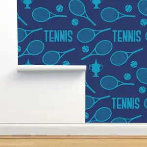 Spoonflower Blue Tennis Rackets On Navy 100% Natural Sisal Grasscloth Wallcovering - Navy,blue