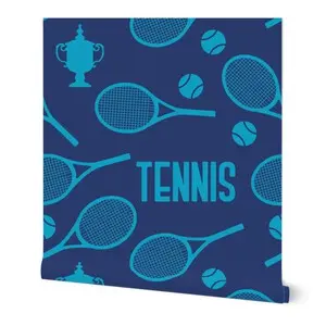 Spoonflower Blue Tennis Rackets On Navy 100% Natural Sisal Grasscloth Wallcovering - Navy,blue
