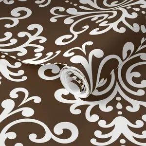 Spoonflower Damask Ornate Swirl Dark Brown Custom Pre-pasted Wallpaper - Brown,gray
